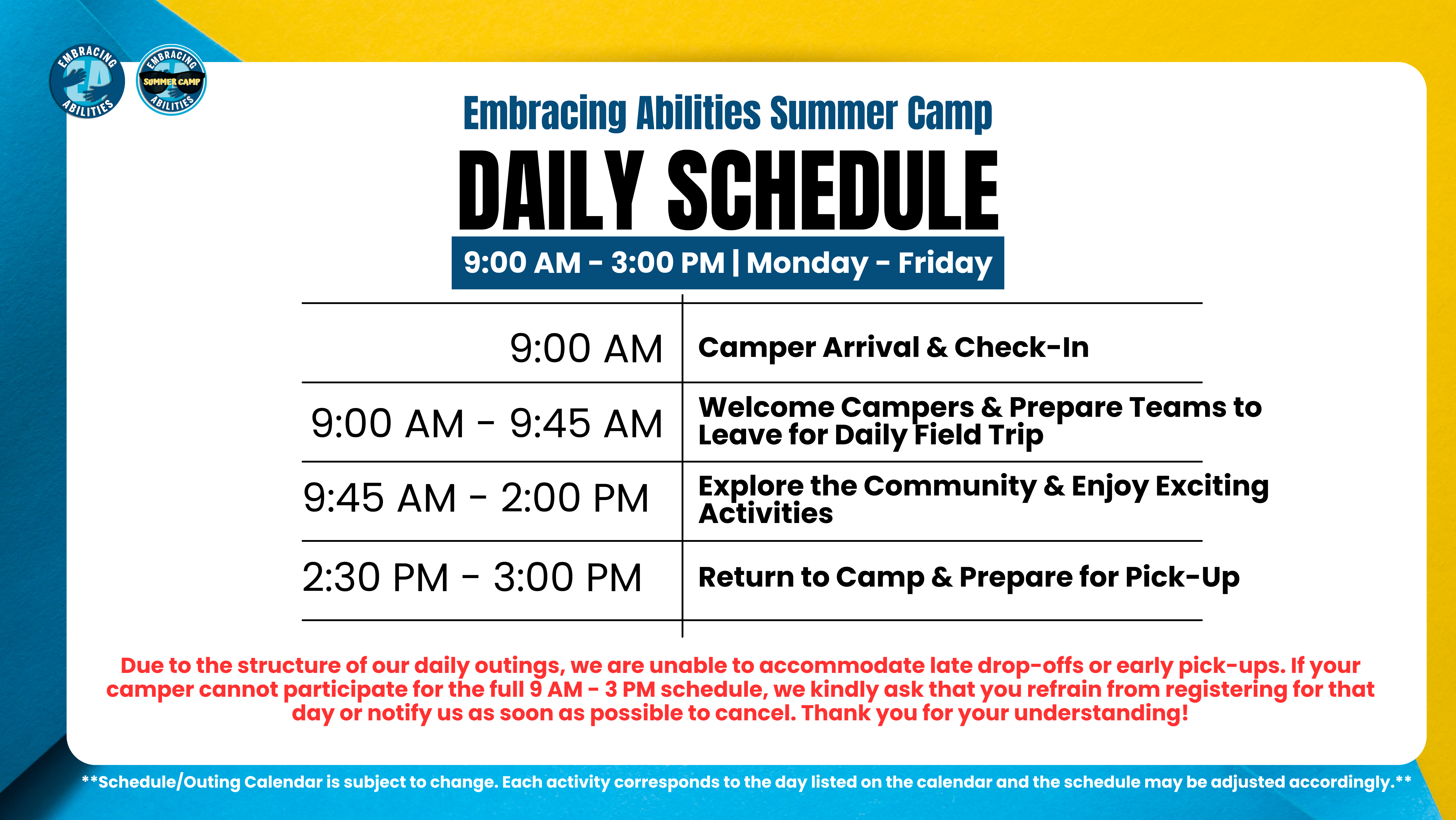 Summer Camp Daily Schedule